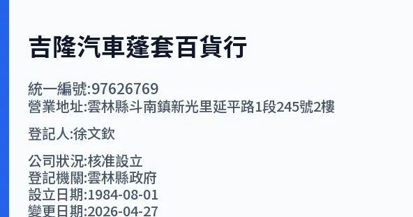 吉隆汽車蓬套百貨行的照片-統編 97626769(雲林縣) 公司登記資料與營業項目詳細圖表
