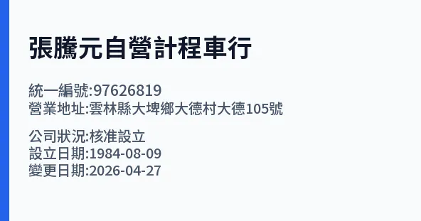 張騰元自營計程車行的照片-統編 97626819(雲林縣) 公司登記資料與營業項目詳細圖表