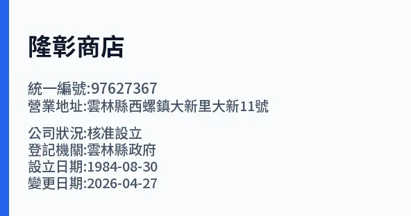 隆彰商店的照片-統編 97627367(雲林縣) 公司登記資料與營業項目詳細圖表