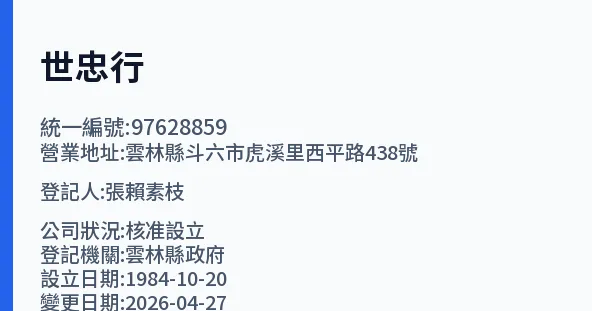 世忠行的照片-統編 97628859(雲林縣) 公司登記資料與營業項目詳細圖表