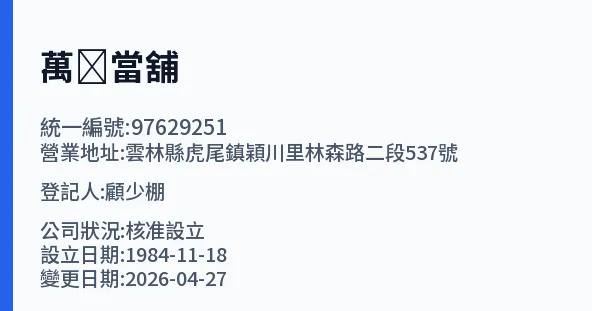 萬逹當舖的照片-統編 97629251(雲林縣) 公司登記資料與營業項目詳細圖表