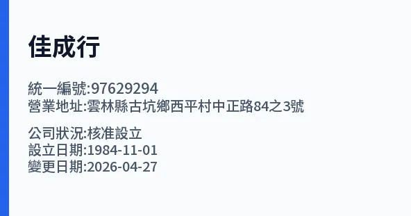 佳成行的照片-統編 97629294(雲林縣) 公司登記資料與營業項目詳細圖表