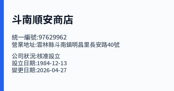 斗南順安商店的照片-統編 97629962(雲林縣) 公司登記資料與營業項目詳細圖表