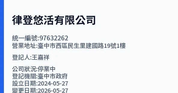 律登悠活有限公司的照片-統編 97632262(臺中市) 公司登記資料與營業項目詳細圖表