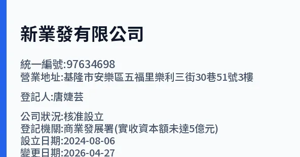 新業發有限公司的照片-統編 97634698(基隆市) 公司登記資料與營業項目詳細圖表