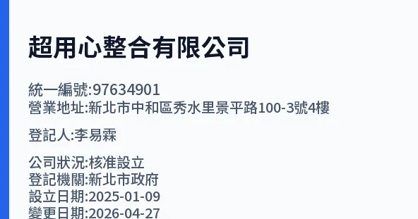 超用心整合有限公司的照片-統編 97634901(新北市) 公司登記資料與營業項目詳細圖表