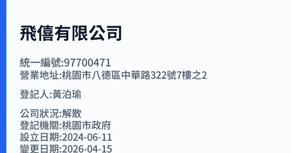 飛僖有限公司的照片-統編 97700471(桃園市) 公司登記資料與營業項目詳細圖表