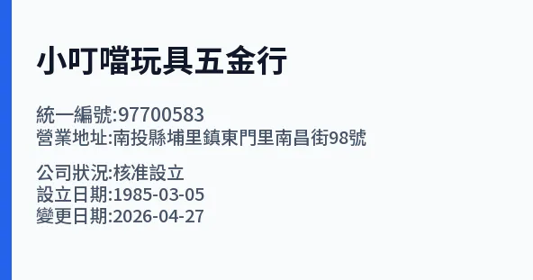 小叮噹玩具五金行的照片-統編 97700583(南投縣) 公司登記資料與營業項目詳細圖表