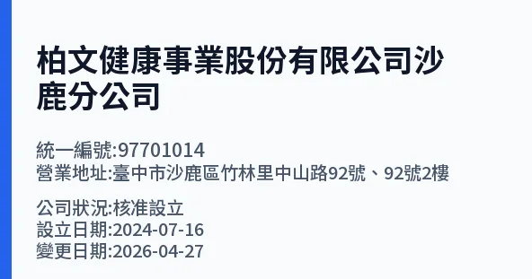 柏文健康事業股份有限公司沙鹿分公司的照片-統編 97701014(臺中市) 公司登記資料與營業項目詳細圖表