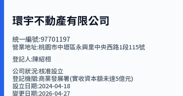 環宇不動產有限公司的照片-統編 97701197(桃園市) 公司登記資料與營業項目詳細圖表