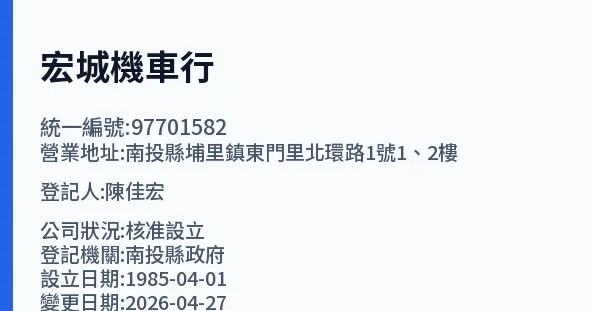 宏城機車行的照片-統編 97701582(南投縣) 公司登記資料與營業項目詳細圖表