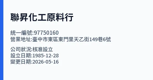 聯昇化工原料行的照片-統編 97750160(臺中市) 公司登記資料與營業項目詳細圖表