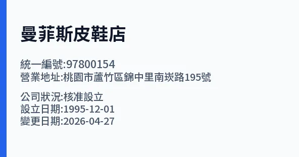 曼菲斯皮鞋店的照片-統編 97800154(桃園市) 公司登記資料與營業項目詳細圖表