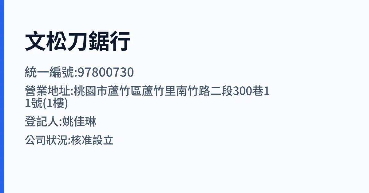 文松刀鋸行 - 統編 97800730(桃園市) 公司登記資料與營業項目詳細圖表