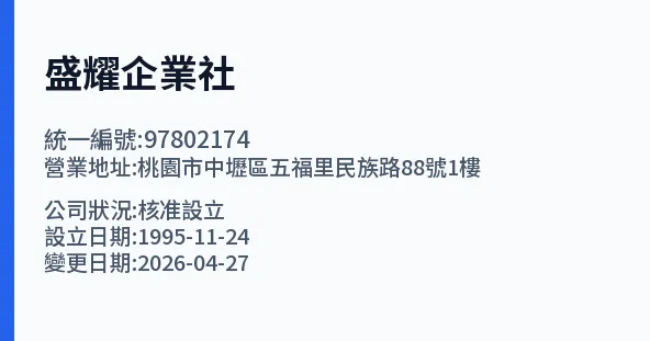 盛耀企業社的照片-統編 97802174(桃園市) 公司登記資料與營業項目詳細圖表