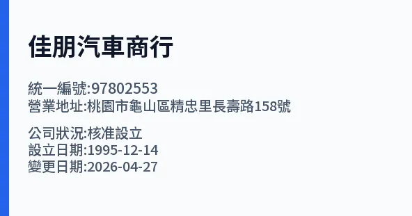 佳朋汽車商行的照片-統編 97802553(桃園市) 公司登記資料與營業項目詳細圖表