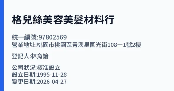 格兒絲美容美髮材料行的照片-統編 97802569(桃園市) 公司登記資料與營業項目詳細圖表