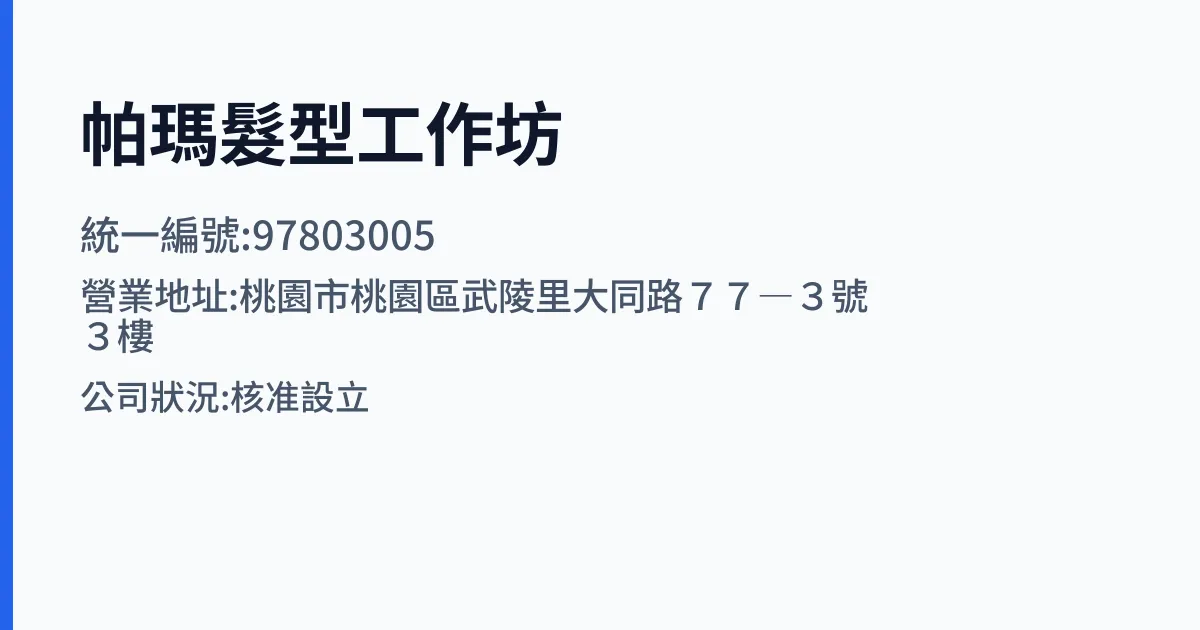 帕瑪髮型工作坊 - 統編 97803005(桃園市) 公司登記資料與營業項目詳細圖表