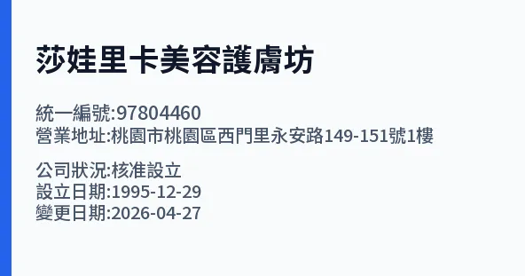莎娃里卡美容護膚坊的照片-統編 97804460(桃園市) 公司登記資料與營業項目詳細圖表