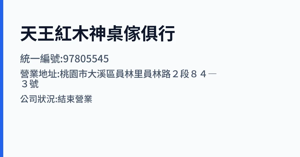 天王紅木神桌傢俱行 - 統編 97805545(桃園市) 公司登記資料與營業項目詳細圖表