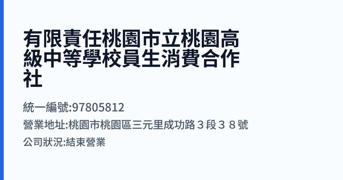 有限責任桃園市立桃園高級中等學校員生消費合作社 - 統編 97805812(桃園市) 公司登記資料與營業項目詳細圖表