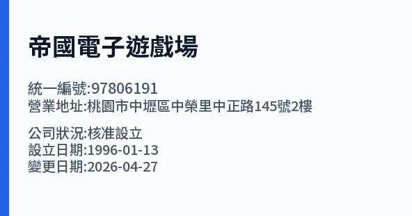 帝國電子遊戲場的照片-統編 97806191(桃園市) 公司登記資料與營業項目詳細圖表