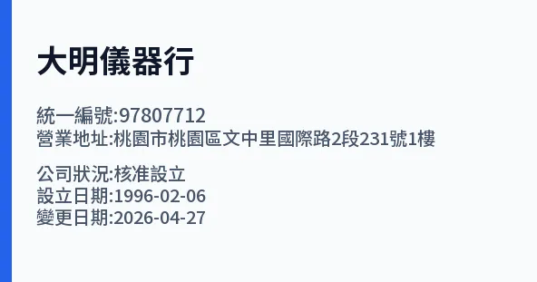 大明儀器行的照片-統編 97807712(桃園市) 公司登記資料與營業項目詳細圖表