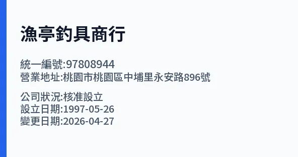 漁亭釣具商行的照片-統編 97808944(桃園市) 公司登記資料與營業項目詳細圖表