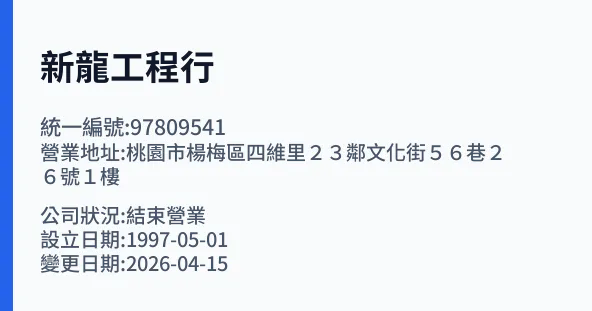 新龍工程行的照片-統編 97809541(桃園市) 公司登記資料與營業項目詳細圖表