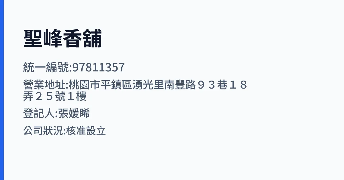 聖峰香舖 - 統編 97811357(桃園市) 公司登記資料與營業項目詳細圖表