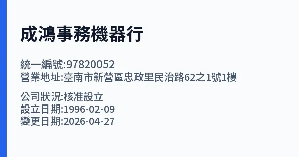 成鴻事務機器行的照片-統編 97820052(臺南市) 公司登記資料與營業項目詳細圖表