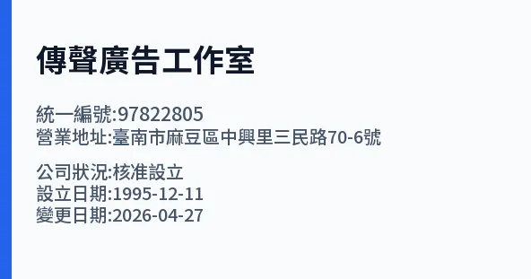 傳聲廣告工作室的照片-統編 97822805(臺南市) 公司登記資料與營業項目詳細圖表