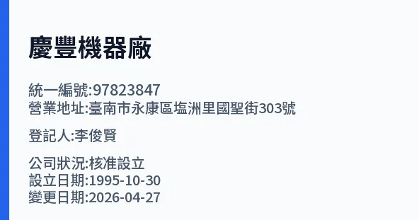 慶豐機器廠的照片-統編 97823847(臺南市) 公司登記資料與營業項目詳細圖表