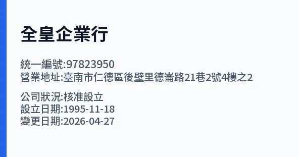 全皇企業行的照片-統編 97823950(臺南市) 公司登記資料與營業項目詳細圖表