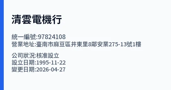清雲電機行的照片-統編 97824108(臺南市) 公司登記資料與營業項目詳細圖表