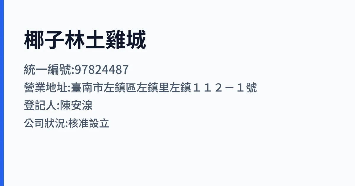 椰子林土雞城 - 統編 97824487(臺南市) 公司登記資料與營業項目詳細圖表
