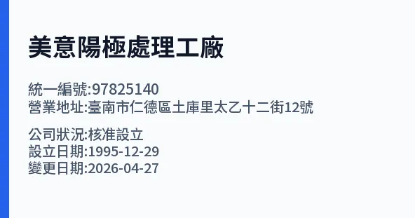 美意陽極處理工廠的照片-統編 97825140(臺南市) 公司登記資料與營業項目詳細圖表