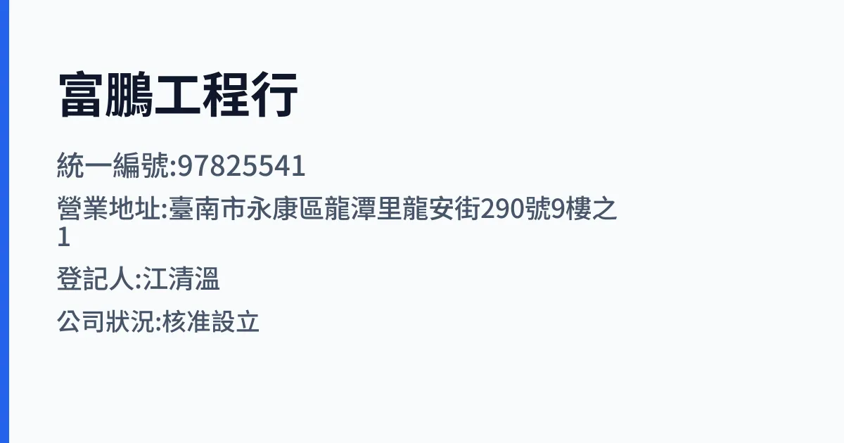 富鵬工程行 - 統編 97825541(臺南市) 公司登記資料與營業項目詳細圖表