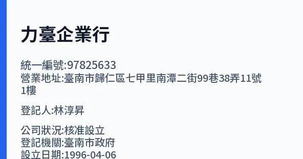 力臺企業行的照片-統編 97825633(臺南市) 公司登記資料與營業項目詳細圖表