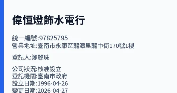 偉恒燈飾水電行的照片-統編 97825795(臺南市) 公司登記資料與營業項目詳細圖表