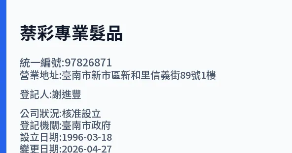 萘彩專業髮品的照片-統編 97826871(臺南市) 公司登記資料與營業項目詳細圖表