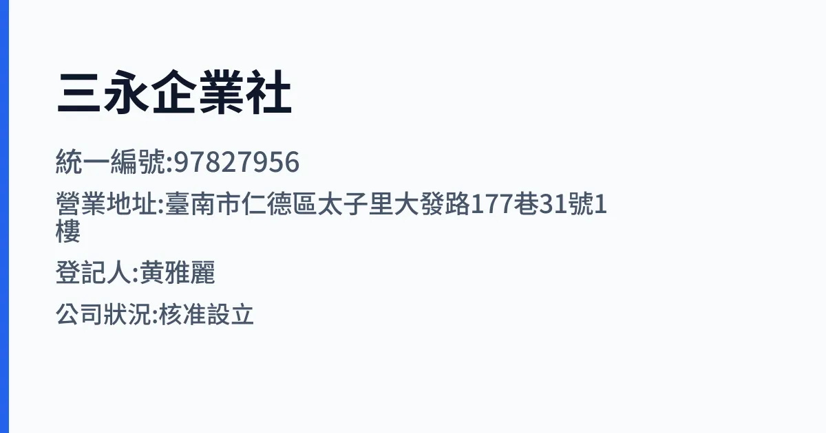 三永企業社 - 統編 97827956(臺南市) 公司登記資料與營業項目詳細圖表