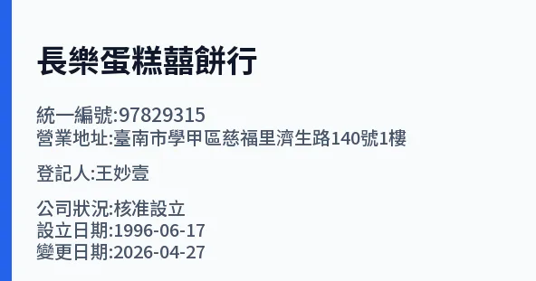 長樂蛋糕囍餅行的照片-統編 97829315(臺南市) 公司登記資料與營業項目詳細圖表