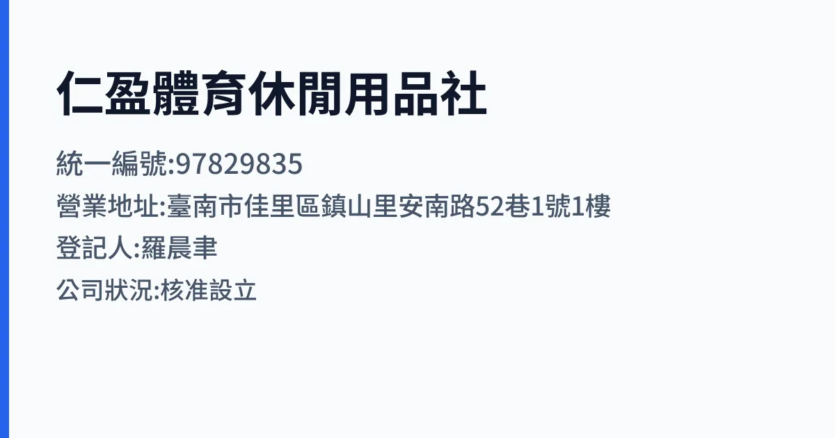 仁盈體育休閒用品社 - 統編 97829835（臺南市） 公司登記資料與營業項目詳細圖表