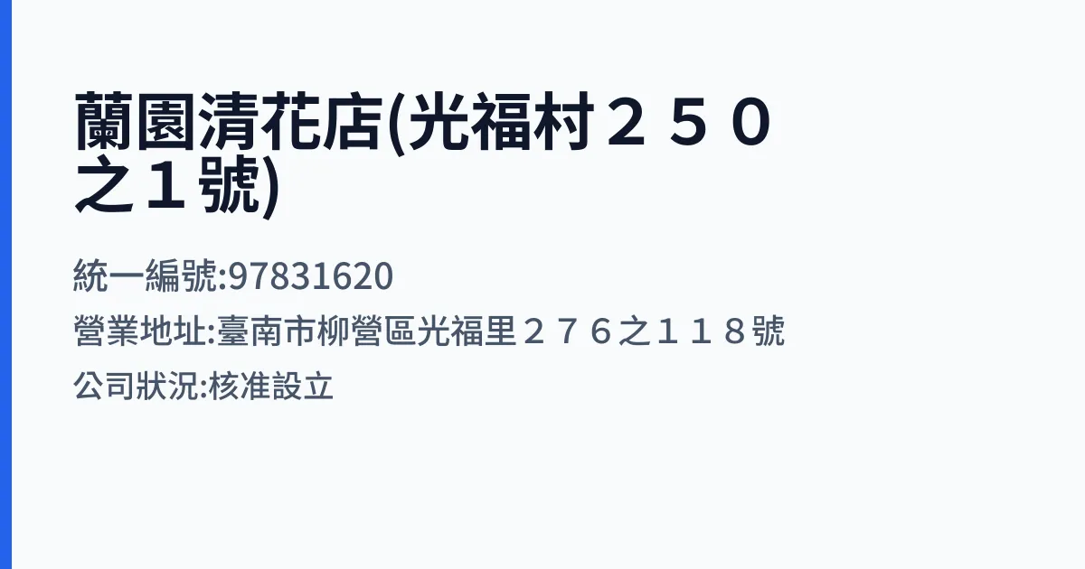 蘭園清花店(光福村250之1號) - 統編 97831620(臺南市) 公司登記資料與營業項目詳細圖表