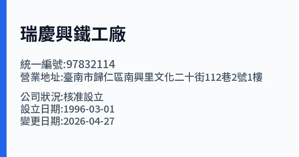 瑞慶興鐵工廠的照片-統編 97832114(臺南市) 公司登記資料與營業項目詳細圖表