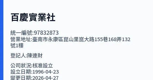 百慶實業社的照片-統編 97832873(臺南市) 公司登記資料與營業項目詳細圖表