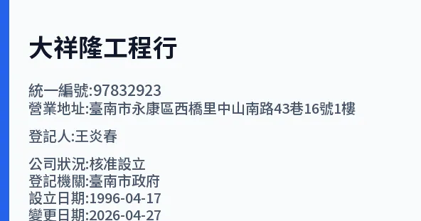 大祥隆工程行的照片-統編 97832923(臺南市) 公司登記資料與營業項目詳細圖表