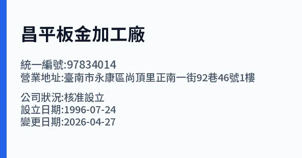 昌平板金加工廠的照片-統編 97834014(臺南市) 公司登記資料與營業項目詳細圖表