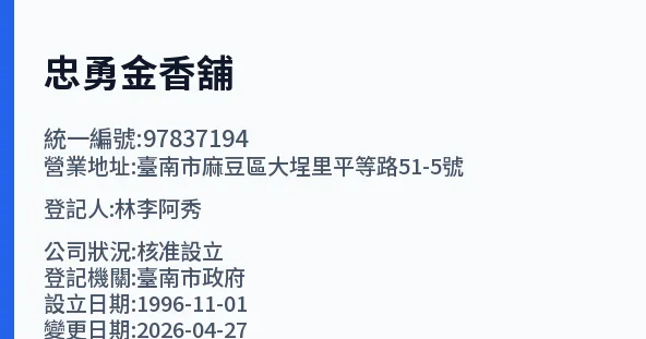 忠勇金香舖的照片-統編 97837194(臺南市) 公司登記資料與營業項目詳細圖表
